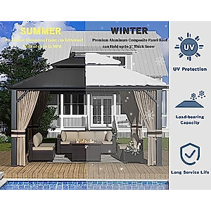 ALAULM 12' x 14' Hardtop Gazebo, Outdoor Patio Aluminum Gazebo with Aluminum Double Roof, Permanent Pavilion w/Curtains and Netting for Backyard, Patio, Deck, Garden-Sand
