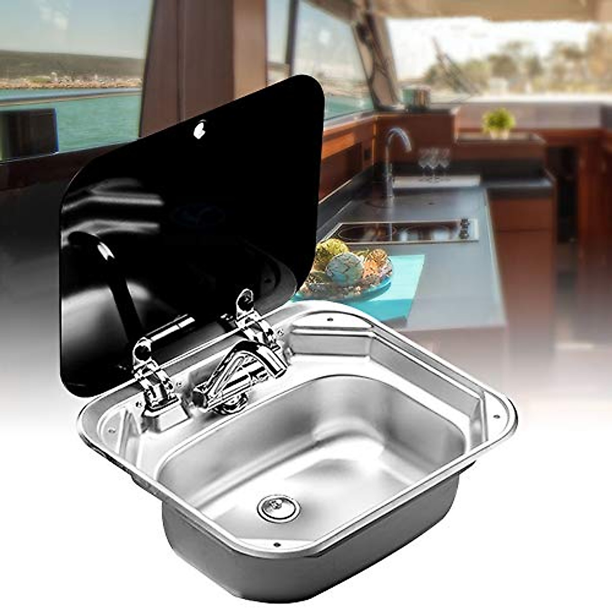 Outdoor RV Caravan Basin Sink,Stainless Steel Boat RV Caravan Camper Kitchen Basin Single Bowl Sink Hand Wash Cold and Hot Faucet Glass Lid for Camper Boating 16.53 x 14.56x 6.3inch (Rectangular Sink)