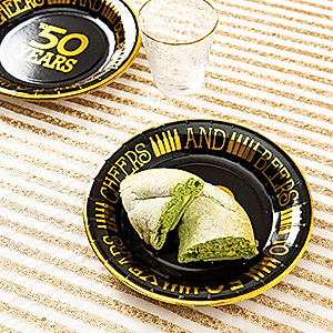 Crisky 50th Birthday Plates Black and Gold 9 inches 50 Pack, for Dessert, Buffet, Cake, Lunch, Dinner Plates for 50th Birthday Decorations Party Supplies, Cheers to 50 Years!