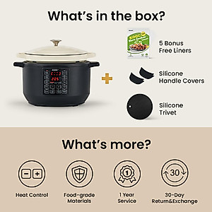 KOOC 10-in-1 Slow Cooker 6 qt White, Electric Dutch Oven, Slow Cook, Braise Pot, Sear/Sauté, Enameled Cast Iron with Self-Basting Lid, 1500W KDO600W