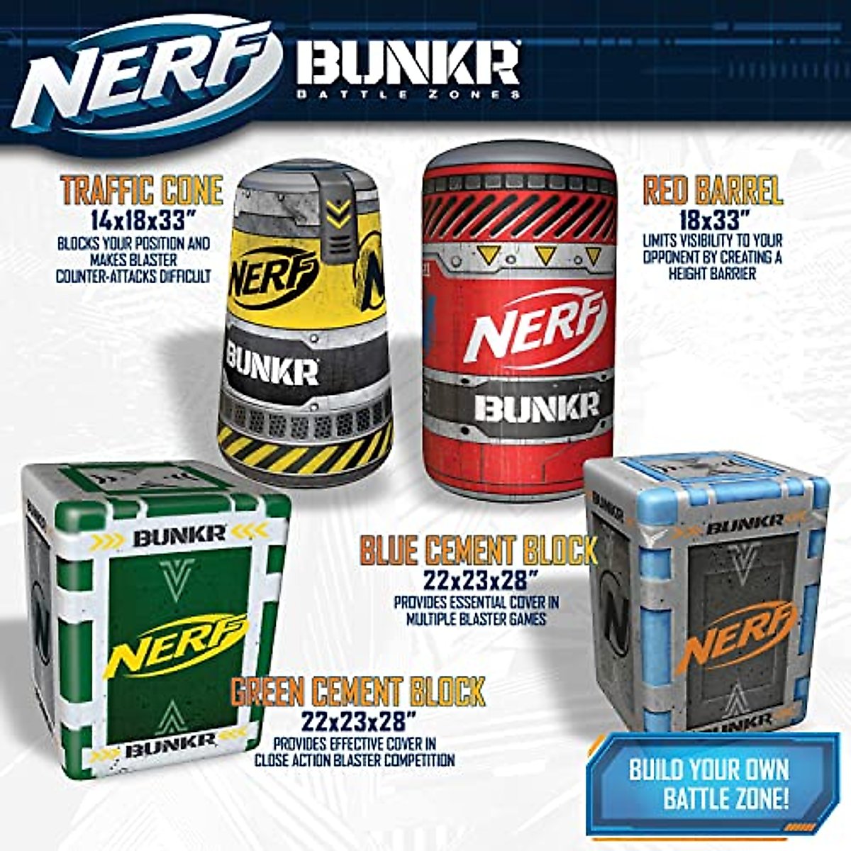 NERF Bunkr BattleZone Competition Pack of 4 Inflatable Crate and Barrel Shields - Barricades for Nerf Party and Nerf War