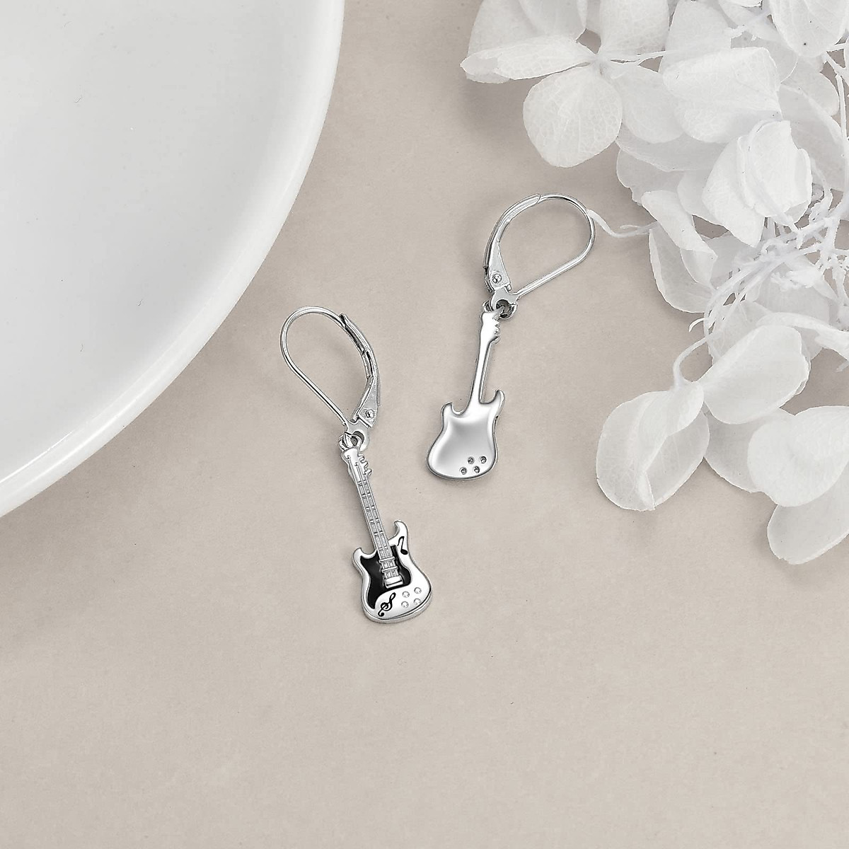 YFN Guitar Earrings Sterling Silver Guitar Jewelry for Women Leverback Music Earrings Gifts for Guitar Players Guitar Lover Guitar Dangle Drop Earrings (black)