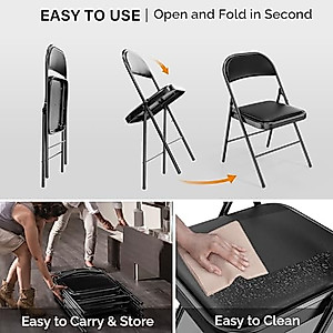 VINGLI 4 Pack Folding Chairs with Padded Seats, Metal Frame with Pu Leather Seat & Back, Capacity 350 lbs, Set of 4, Black