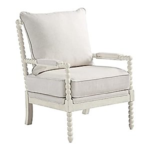OSP Home Furnishings Kaylee Spindle Accent Chair, 26.5” W x 32.25” D x 37” H, Antique White Frame with White Linen Fabric