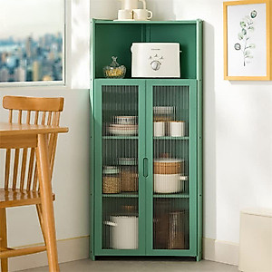 IOTXY 4-Tier Corner Shelf Cabinet - Bamboo Storage Organizer Rack with Moru Acrylic Doors, Standing Bookshelf Display Stand, for Living Room, Kitchen, Home Office, Green