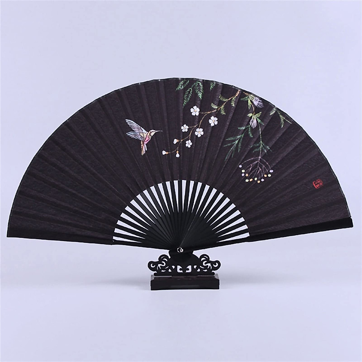 RAN Folding Fan with Floral and Bird Design, Bamboo Pocket Purse Hand Fan, Silk Fabric Handheld Fan with Fabric Pouch (Color : Multi-Colored, Size : 10.4")
