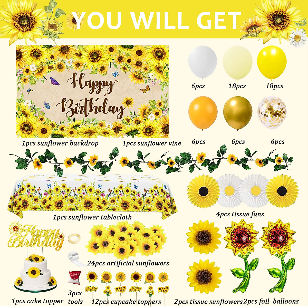 Sunflower Birthday Party Decoration Pack, 111 Pcs Baby Shower Party Supplies Wedding Decors (including Sunflower Backdrop, Tablecloth, Artificial Sunflowers and A Garland, Cake Topper, Balloon