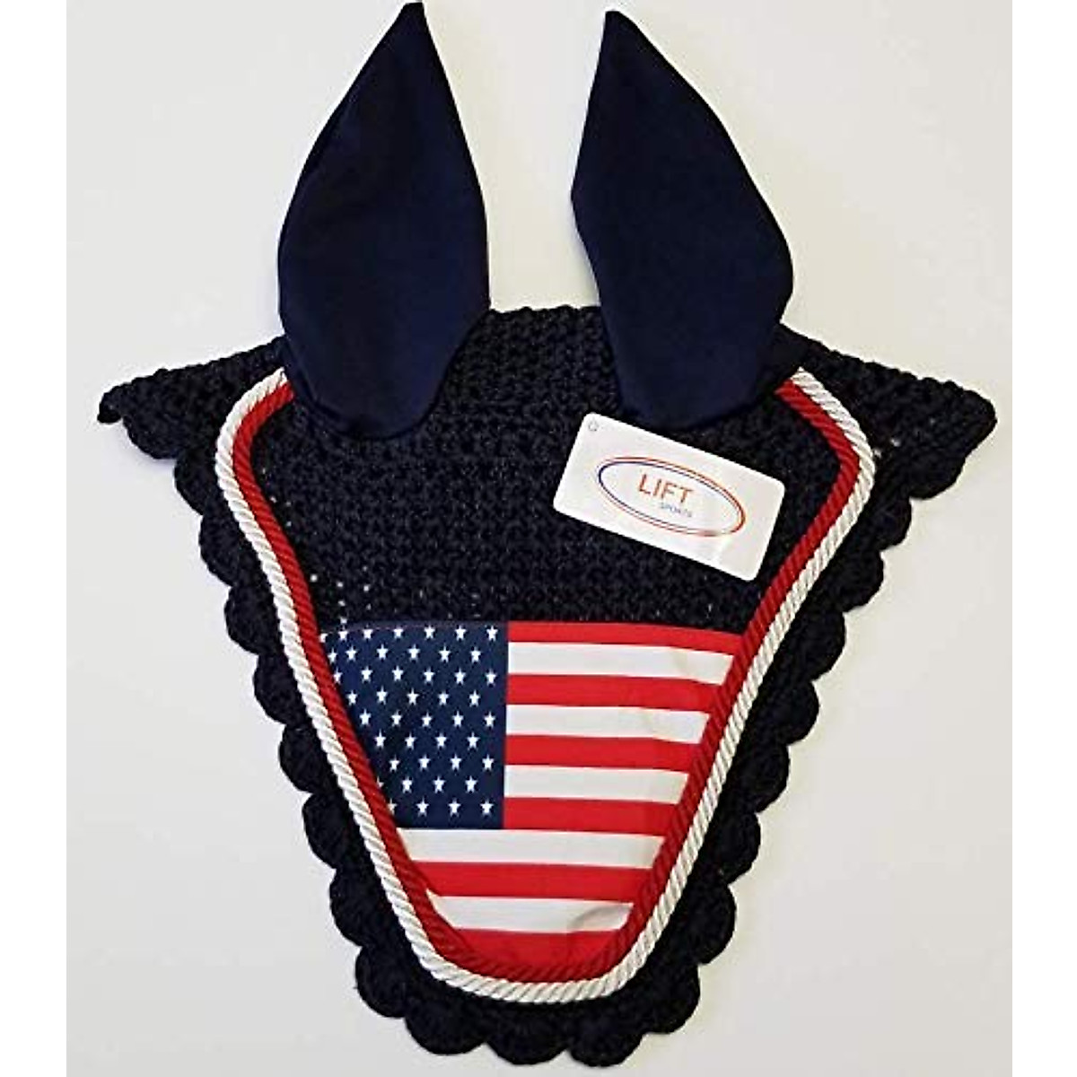 American USA Flag Horse Bonnet with Ears NET Fly Veil MASK Hood Crochet Cotton Hand Made Breathable Full Size Stretchable Ears Equestrians TACK Shows (Full/Horse)