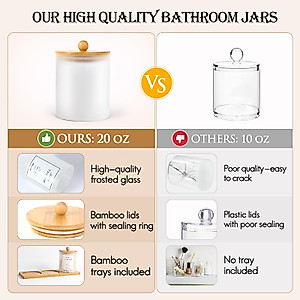 20 oz Glass Qtip Holder Dispenser with Bamboo Lids and Tray, 3 Pack Bathroom Organizers and Storage Bathroom Decor Farmhouse Decor, Apothecary Jars for Cotton Swab, Cotton Ball, Cotton Pads and Floss