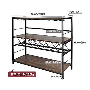 Lineslife 3-Tier Freestanding Wine Rack Table, Industrial Liquor Wine Bar Table with Glass Holder and Bottle Shelf for Living Room, Brown