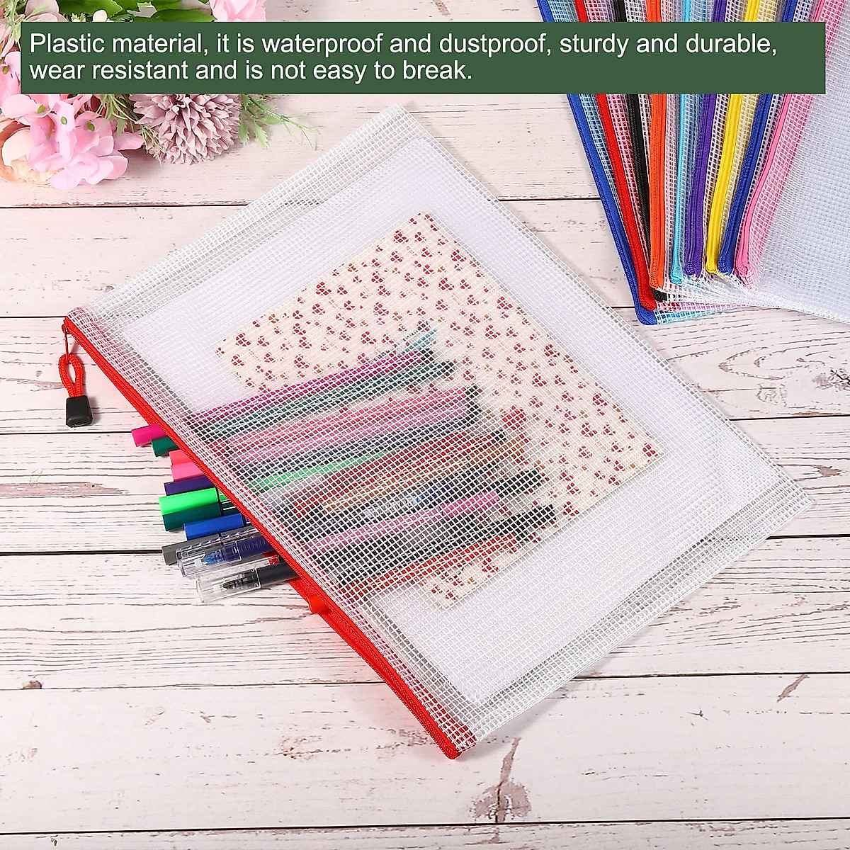 YOKIVE 3 Pack Mesh Zipper Bags, B5 Mesh File Pockets | Plastic Document Pouch, Great for Office Appliances Travel Storage(White)