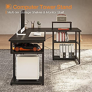 ODK 66" L Shaped Desk Computer Desk with Storage Shelves & PC Stand, Gaming Desk with Monitor Stand, Home Office Writing Desk, Modern Larger Wooden Desk, Black