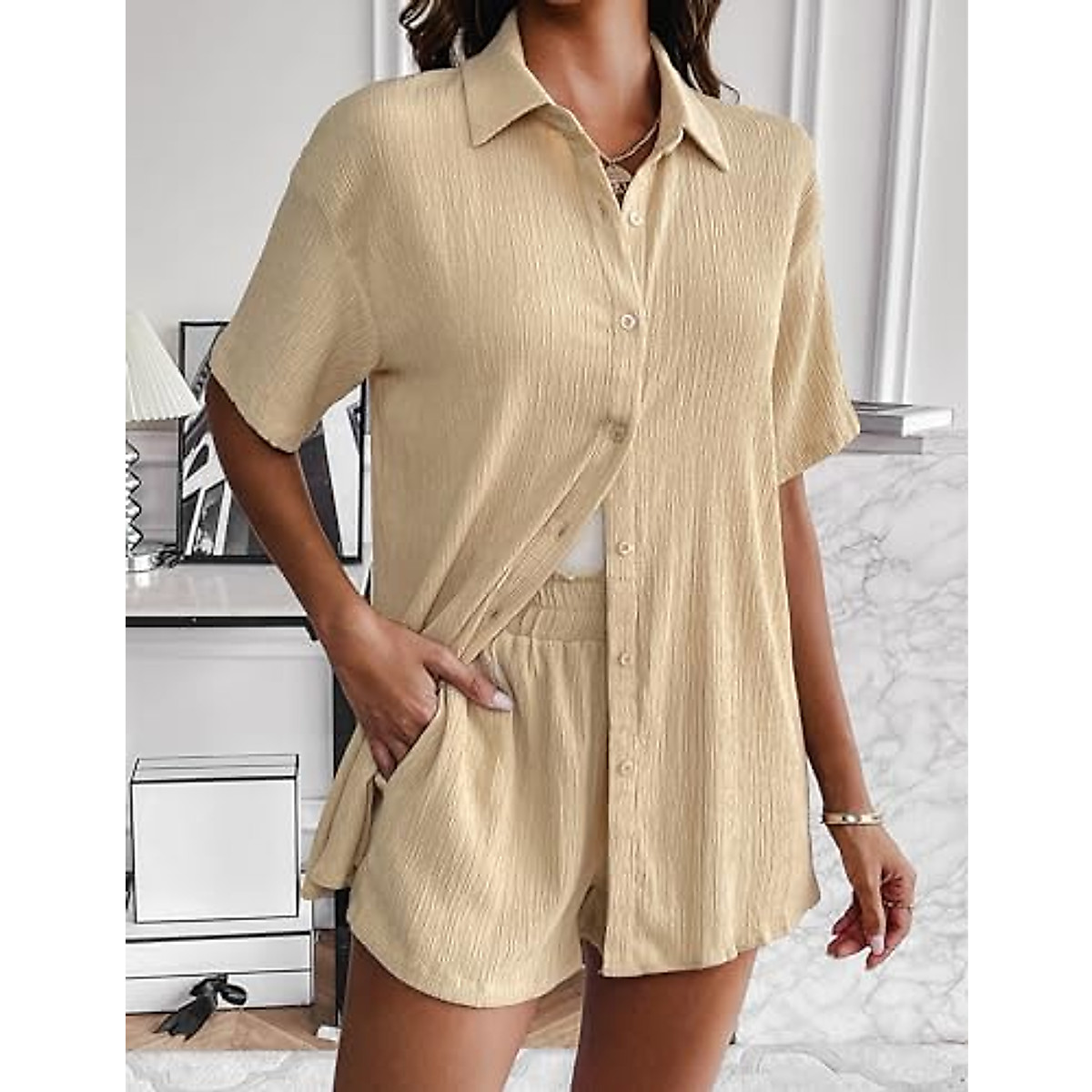 Ekouaer Womens Lounge Sets 2 Piece Outfits Casual Tracksuit Pajamas Set Button Down Shirt and Shorts Pockets Brown L