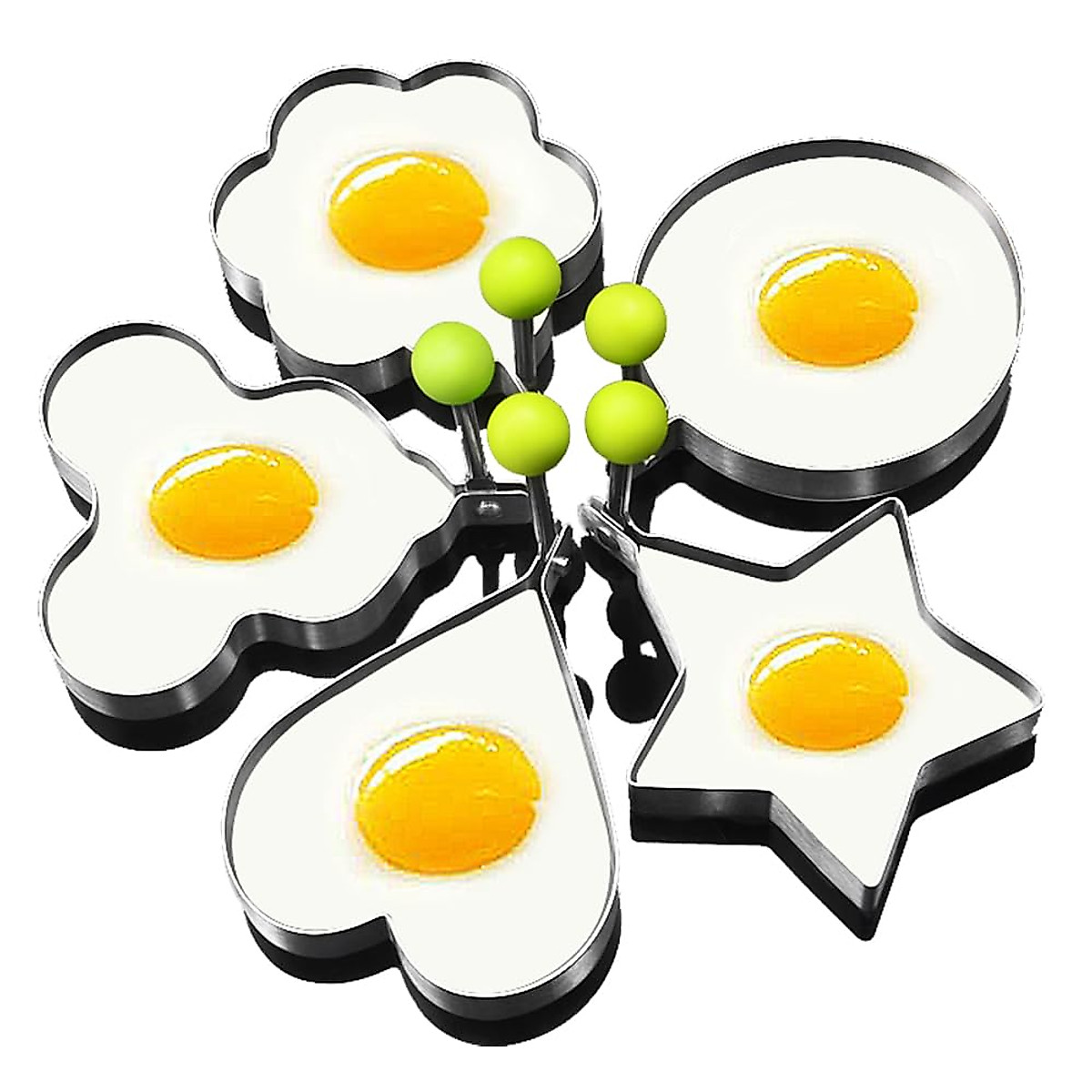GZMAISULEE Egg Ring Molds for Cooking 5 Pack Griddle Egg Rings Stainless Steel Egg Cooking Rings Heart, Flower, Star, Micha, Round Pancake Mold Set, Yellow