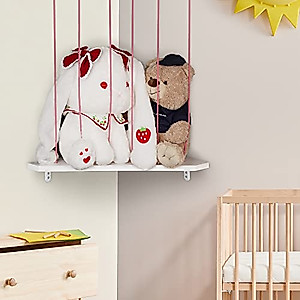 Telihel Stuffed Animal Storage Wood Soft Toy Shelf with Adjustable Length Large Corner Plush Toys Holder for Nursery Play Room Bedroom Kid Room (White)