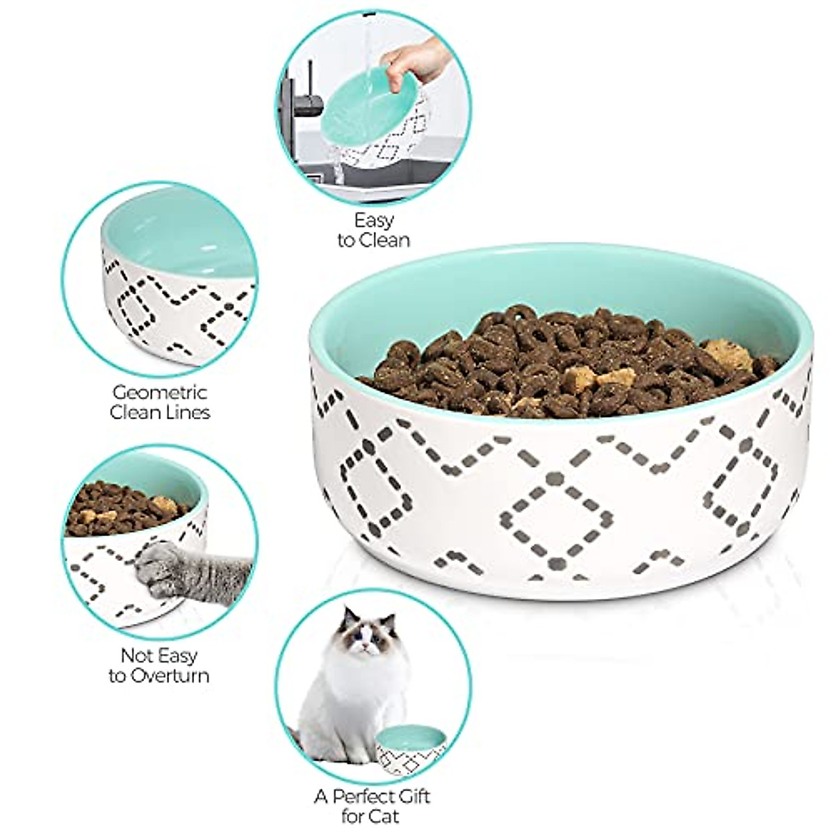 MSBC Ceramic Cat Bowls(13oz/390ml), Cute Cat Food and Water Feeder Set, Dog Cat Basic Bowl, Small Pet Feeding Dishes for Cat, Kitten, Small Dog, Whisker Stress Free, Dishwasher Safe, Set of 2, Blue