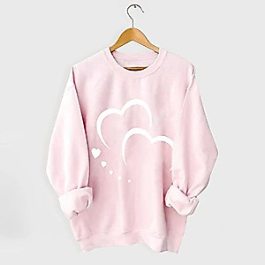 Valentine's Day Shirt for Women, Love Heart Graphic Tees Crewneck Long Sleeve Loose Fit ​Pullover Tops Sweatshirts(D#Pink,XX-Large)