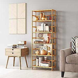 FOTOSOK 6-Tier Bamboo Shelf, Bamboo Bookcase with Adjustable Shelves, Free Standing Storage Shelf Unit, Plant Flower Stand for Kitchen, Bathroom, Home Office, Natural