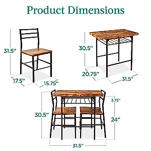 Best Choice Products 3-Piece Modern Dining Set, Space Saving Dinette for Kitchen, Dining Room, Small Space w/Steel Frame, Built-in Storage Rack - Brown