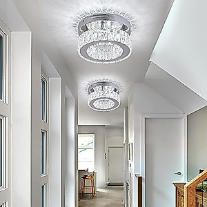 Zenouidle Modern Crystal Chandelier Small Flush Mount Ceiling Light Fixture LED Crystal Ceiling Light for Dining Room Bedroom Living Room Hallway (Cool White)