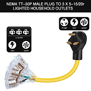 EXCELFU 30 Amp to 110 Adapter, 30 Amp to 15 Amp RV Adapter Extension Cord, NEMA TT-30P Male to 5-20r Female LIT 3-Way Outlet Splitter with Lighted End for RV Generators, 125 Volt, 10AWG, 2ft