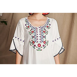 Ashir Aley Bell Sleeve Womens Girls Embroidered Cotton Peasant Tops Mexican Bohemian Shirts Blouses (L,Navy Blue)