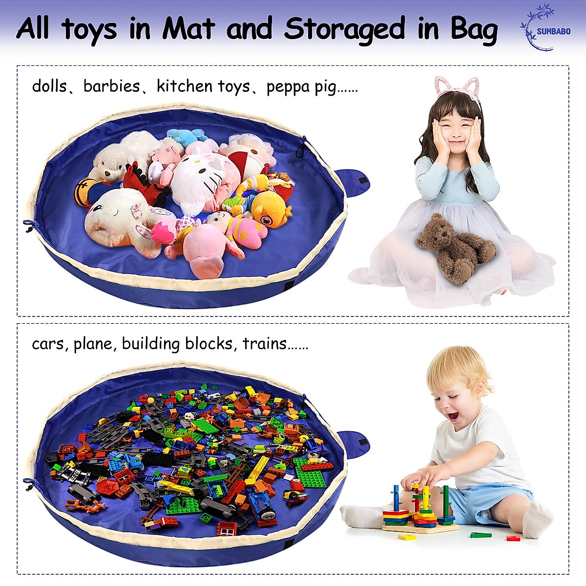 Toy Storage Mat Bag by Drawstring for Lego - Play Mat Bag Toy Storage Container for Kids with Cap can as Gift（ Blue 47inch ）