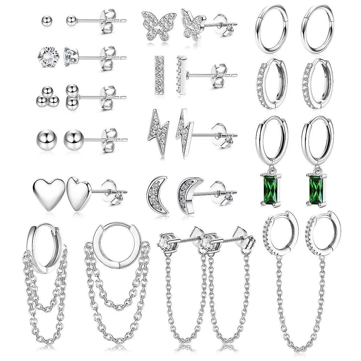 LOYALLOOK Studs Earrings and Hoops Set for Women Huggie Hoop Studs Earrings Set Dainty Minimalist Moon Heart Butterfly CZ Ball Small Dangle Chain Hoop Earrings Set for Multiple Piercing