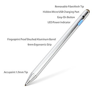 BoxWave Stylus Pen Compatible with Kiosk Paragon Single Panel Pedestal (32 in) - AccuPoint Active Stylus (2-Pack), Electronic Stylus with Ultra Fine Tip - Metallic Silver