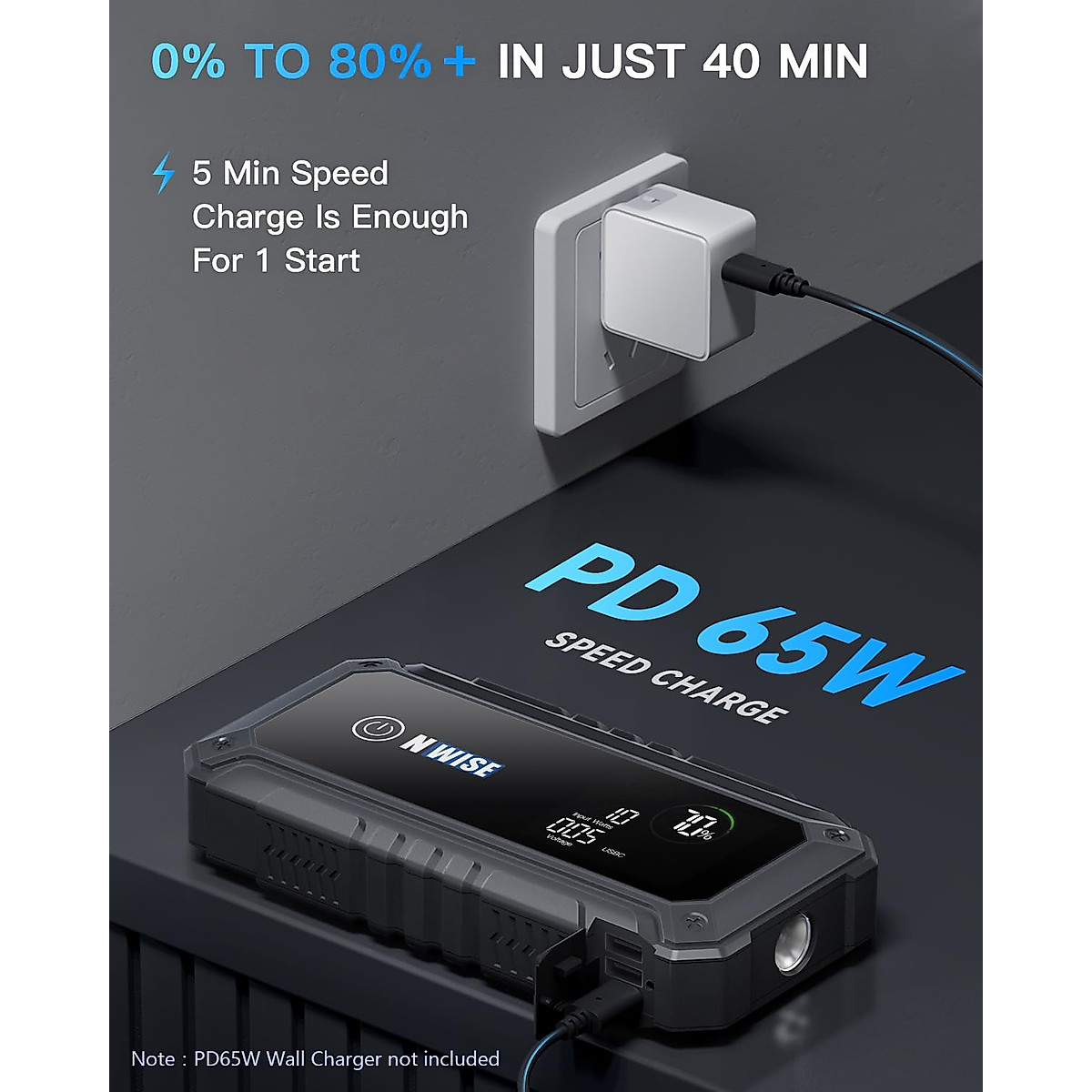 NWISE Car Jump Starter, 3000A Peak 25800mAh Portable Battery Starter (Up to 10L Gas or 8L Diesel Engine) with Smart Safety Jumper Clamps,12V Jump Boxes with 65W Fast Charging