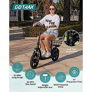 Gotrax FLEX ULTRA Electric Scooter with Seat for Adult Commuter,25 Miles Range&20Mph Power by 500W Motor, Folding Scooter with 14" Pneumatic Tire&Comfortable Wider Deck, E-Bike with Carry Basket Black