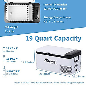 Alpicool K18 Portable Car Freezer,12 Volt Refrigerator, 19 Quart (18 Liter) Fast Cooling 12V Car Fridge -4℉~68℉, Car Cooler, 12/24V DC and 100-240V AC for Outdoor, Camping, RV, Truck, Boat