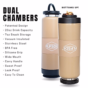 FLPSDE Water Bottle with Snack Compartment, Drink & Snack Cup Combo, 20oz Stainless Steel Water Bottle with 7oz Snack Container, Snack Storage, Dual Chamber Water Bottle
