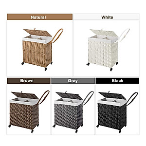 Greenstell Laundry Hamper with Wheels, No Install Needed, 110L Divided Handwoven Hampers & 2 Removable Liner Bags, Rattan Clothes Laundry Basket with Lid & Handles, Foldable Hampers Gray 22x13x26.4 In