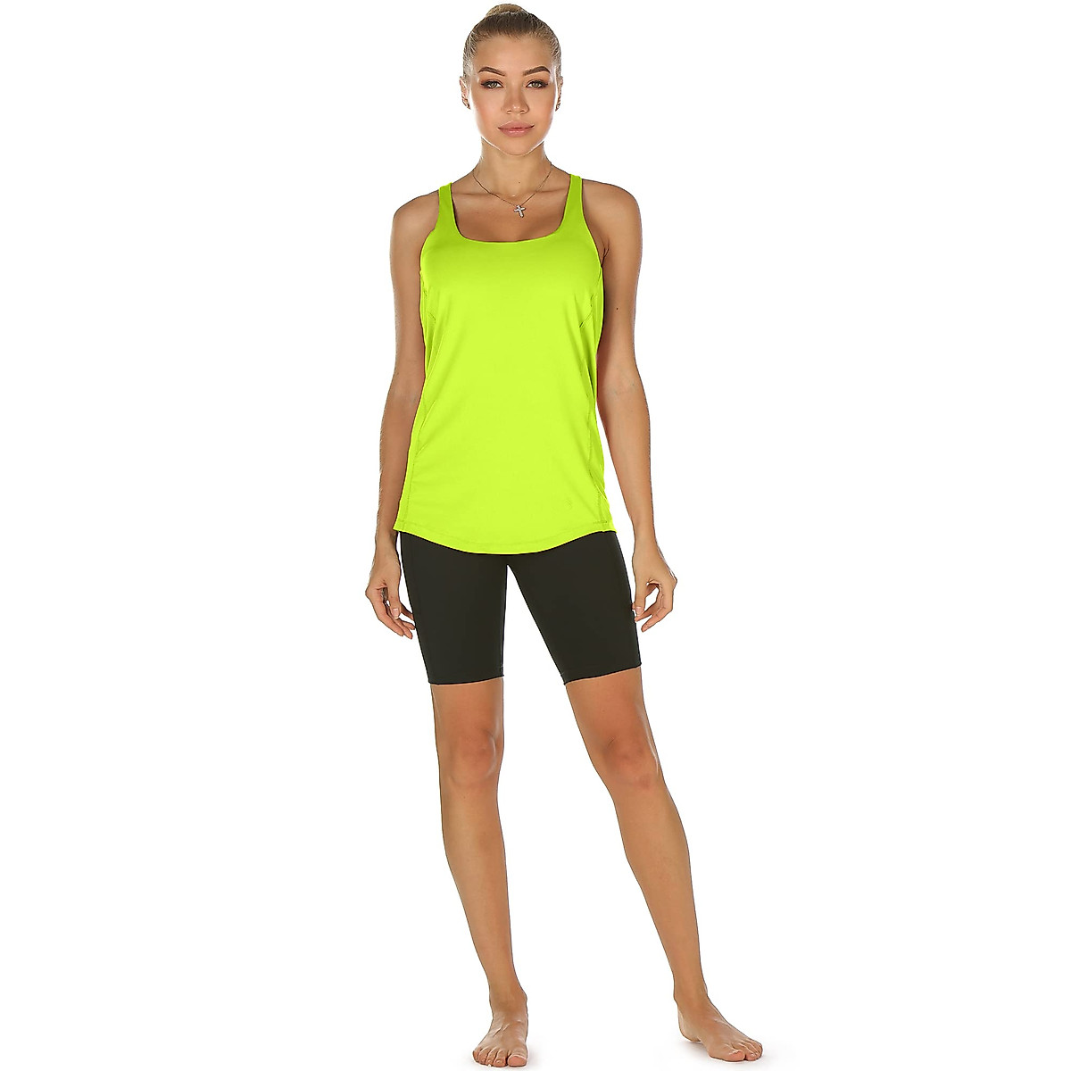 icyzone Workout Tank Tops Built in Bra - Women's Strappy Athletic Yoga Tops, Exercise Running Gym Shirts (Neon Yellow, XL)