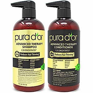 PURA D'OR Anti-Thinning Advanced Therapy Biotin Shampoo & Conditioner Hair Care Set, Clinically Proven, DHT Blocker Hair Thickening Products For Women & Men, Natural Daily Routine Shampoo, 16oz x 2