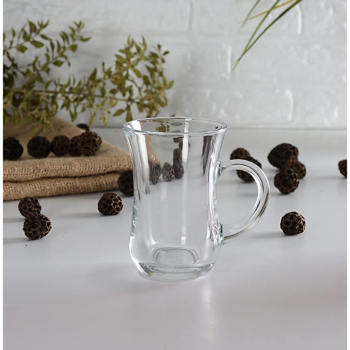 Turkish Tea Glasses With Handle - 6 pcs Tea Cups, Slim Waist Design and Thick Sole Prevent the Tea From Getting Cold, Capacity 145cc, 4 3/4 Oz, 2.5" x 4H"