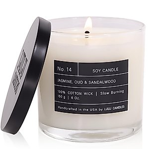 Lulu Candles | Jasmine, Oud & Sandalwood | Luxury Scented Soy Jar Candle | Hand Poured in The USA | Highly Scented Long Lasting (6 Oz.)