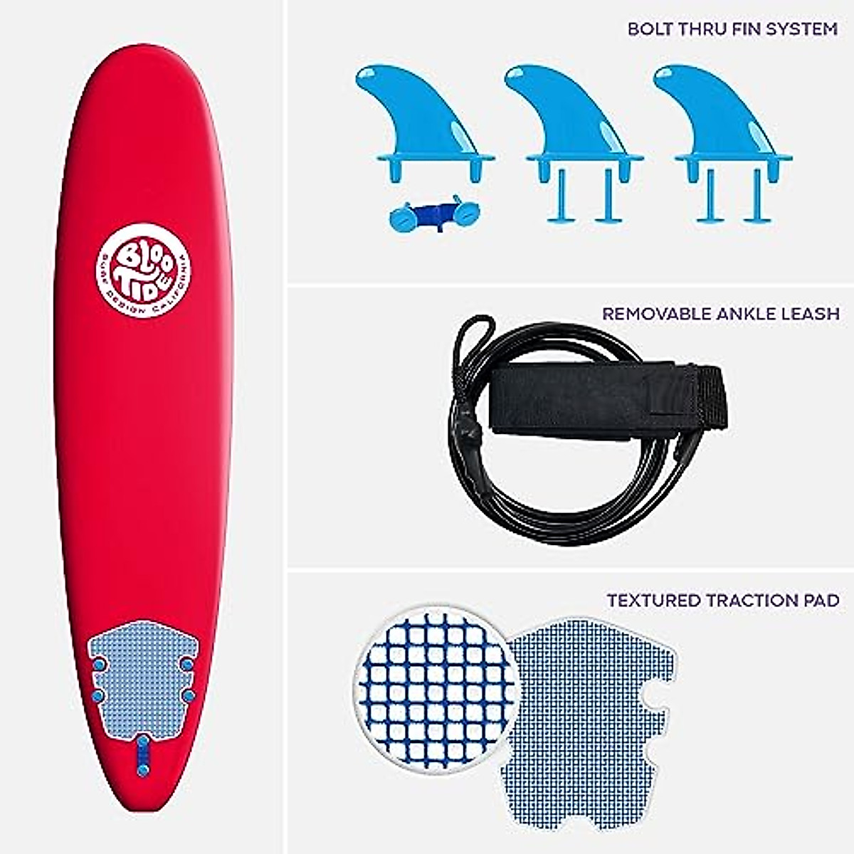 Bloo Tide 8ft Surfboard Soft top Red with Blue Wavizm Design Bottom Graphic
