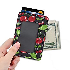 Linomo Thin leather Card Holder and Money Clip Red Cherry Pattern Wallet RFID Blocking for Men & Women