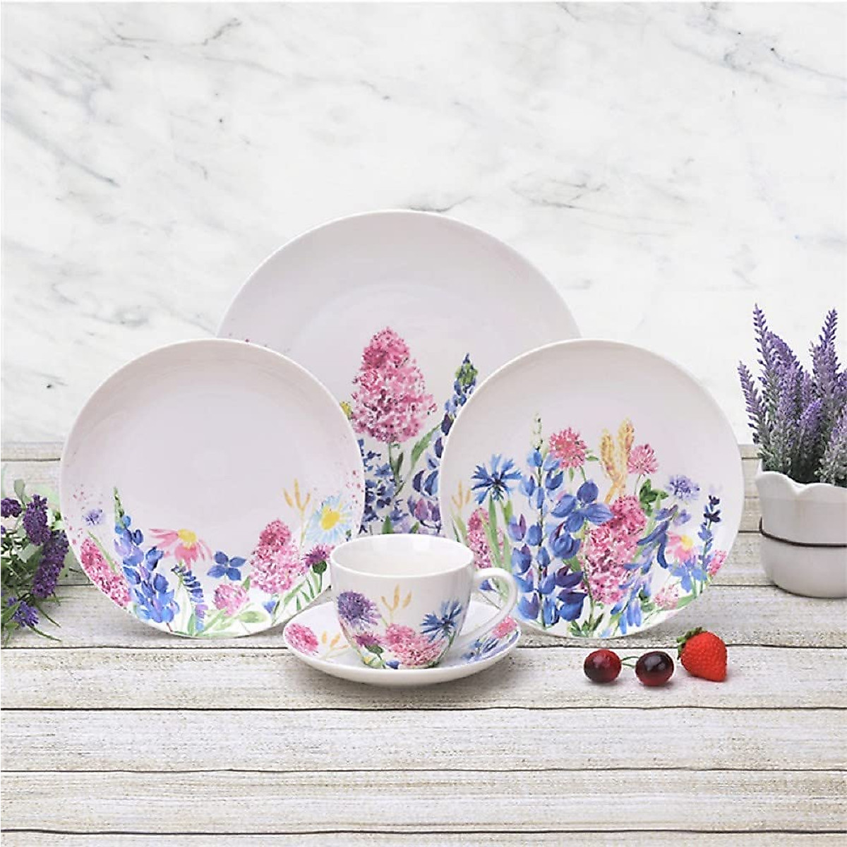 STP Porcelain J-217520 Dinnerware Set for 4, Lavender Fields, Bone China Porcelain, Dinner Plates, Bowls, Dessert Plates, Cups with Saucer, 20 pcs