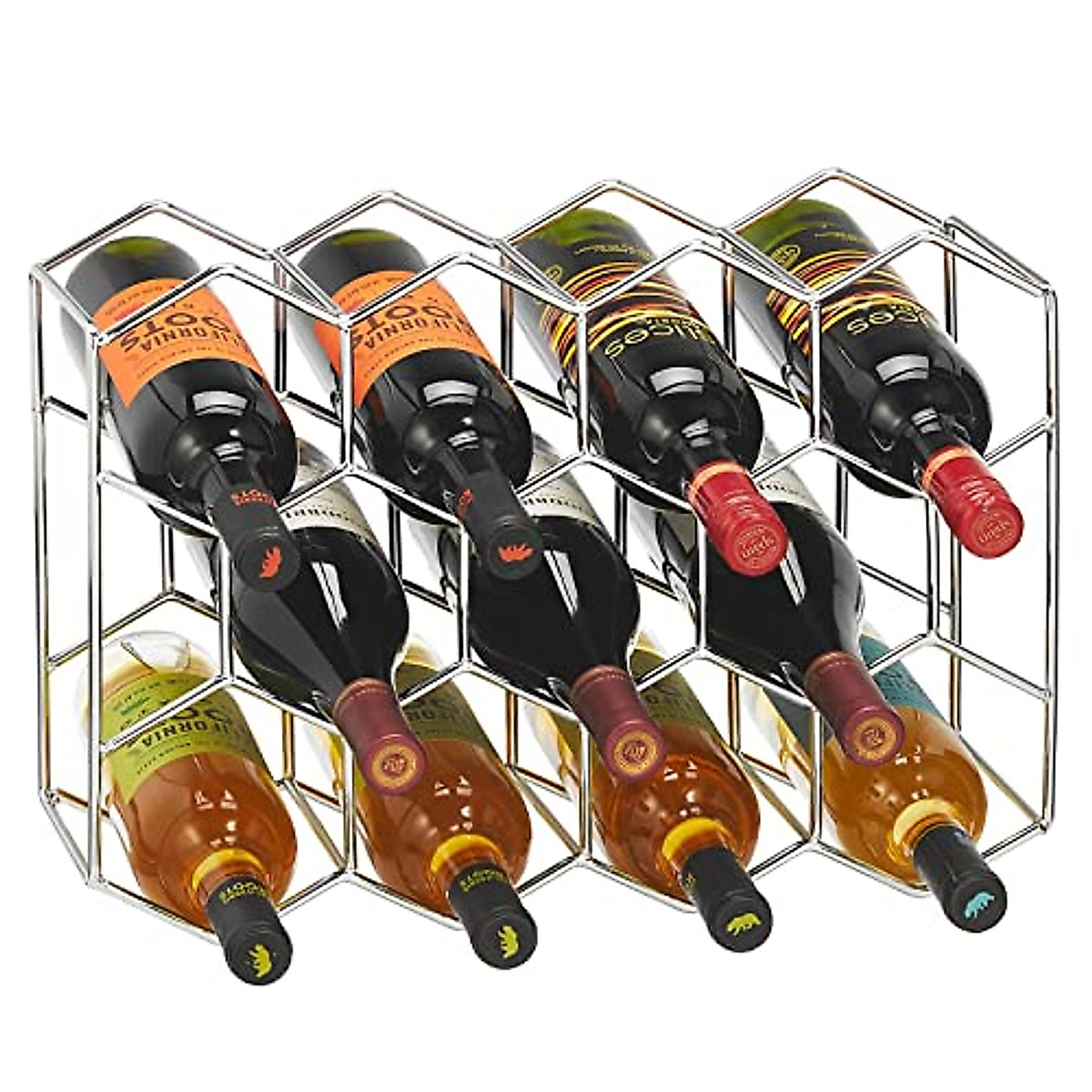 mDesign Metal Hexagon 3-Tier Wine Rack - Minimalist Bottle Holder for Kitchen Countertop, Pantry, or Refrigerator Space - Wine, Beer, Pop/Soda, Water Bottles, and Juice - Holds 11 Bottles - Chrome