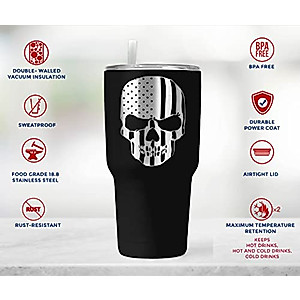 American Flag Skull 30oz Patriotic Tumbler - American Flag Tumbler Travel Mug - Patriotic Coffee Travel Mug - Double Insulated 30oz Tumbler - Engraved in the USA - (Skull Flag)