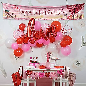 Large Happy Valentines Day Banner Outdoor Decorations 120" x 20" Valentine's Yard Sign Pink Hearts Tree Bicycle Balloons Bears Flowers Birds Holiday Party Supplies Valentine Backdrop Home Decor with Brass Grommets for Garden House Fence Garage Indoor Gift