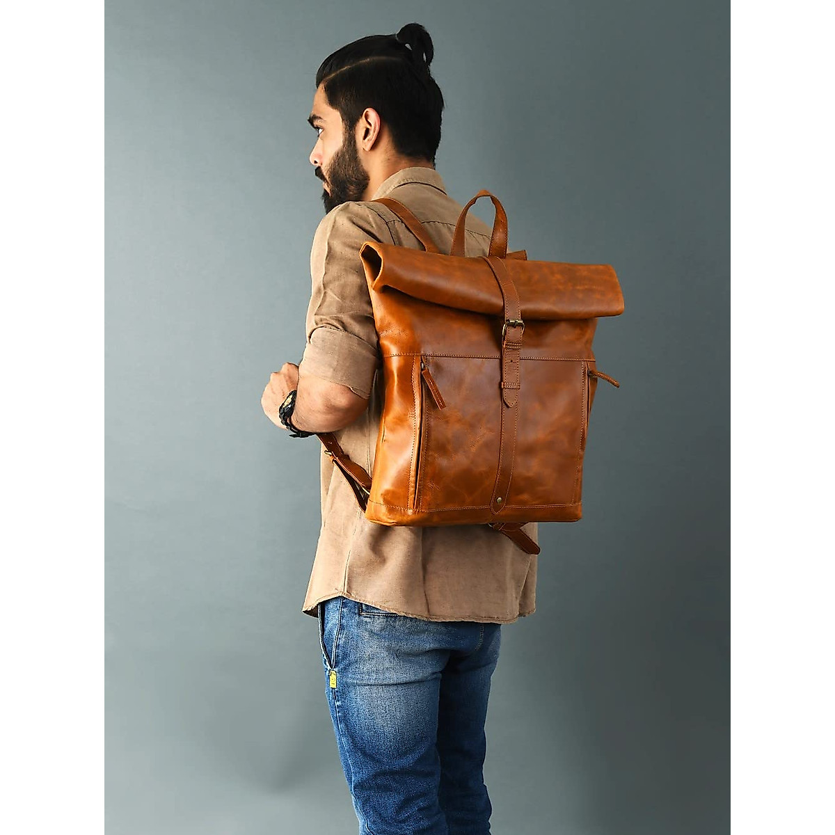 Gratlin Buffalo Leather Roll On Laptop Backpack 16 Inches | Vintage Genuine Leather Rucksack Backpack for Men & Women | Best Full Grain Tan Leather Backpacks Book Bag Knapsack for Travel Hiking Use