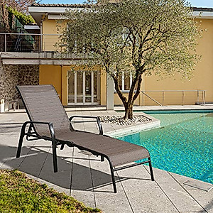 Patio Outdoor Chaise Lounge Chairs, Folding Sling Reclining Chaise Lounger Chair Fit Beach Yard Pool Patio with 5 Adjustable Positions, Brown Frame