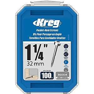 Kreg SPS-F125-100 Zinc Pocket Screws, 1-1/4 Inch #6 Fine Thread, Pan Head (100 Count)