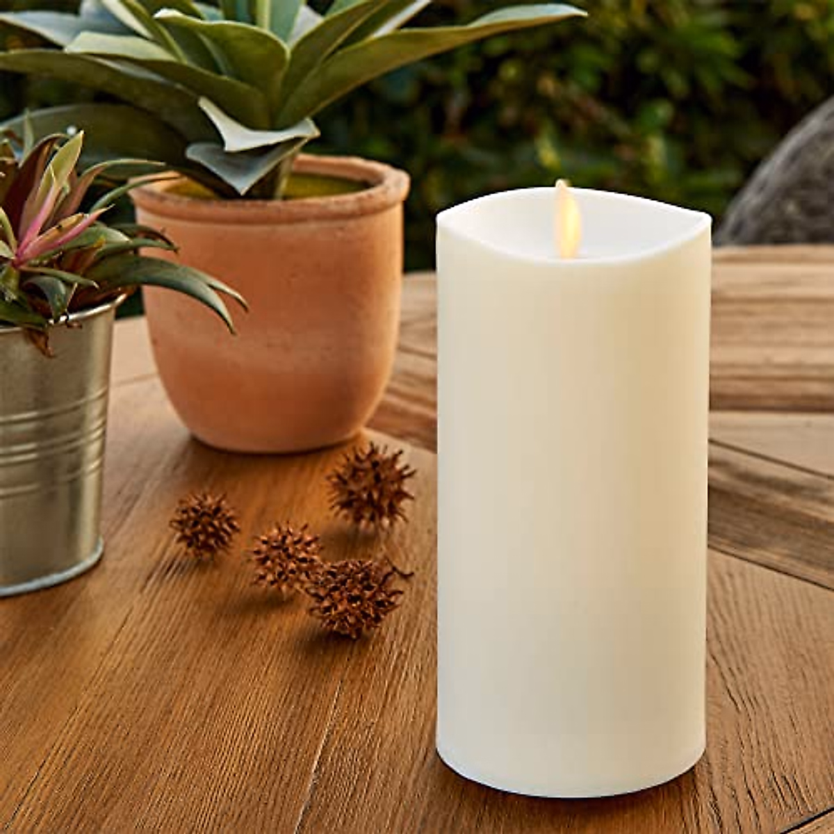 Luminara Set of 2 Outdoor Moving Flame Pillar (IPX4) with Remote Control, Flameless LED Candle, Melted Edge, Smooth Matte Finish, Timer, Ivory 3.25" x 5.5" and 6.5"