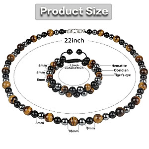 Men Tiger Eye Beaded Necklace Bracelet Triple Protection Jewelry Sets Hematite Black Obsidian Healing Crystal Stone Chakra Necklace
