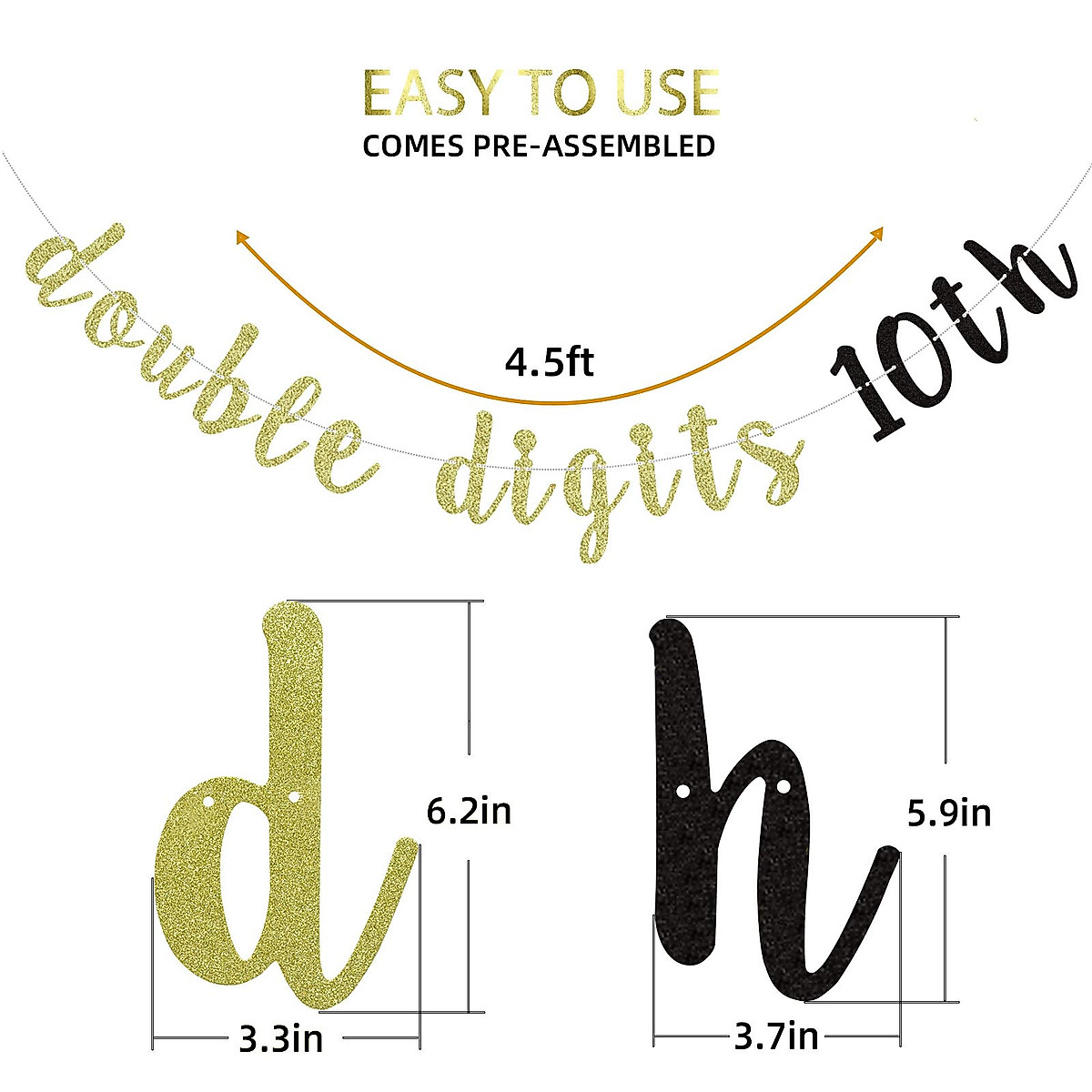 Double Digits 10th Birthday Banner, Happy 10th Birthday Party Decorations, 10 Years Old Birthday Sign (Gold Glitter)